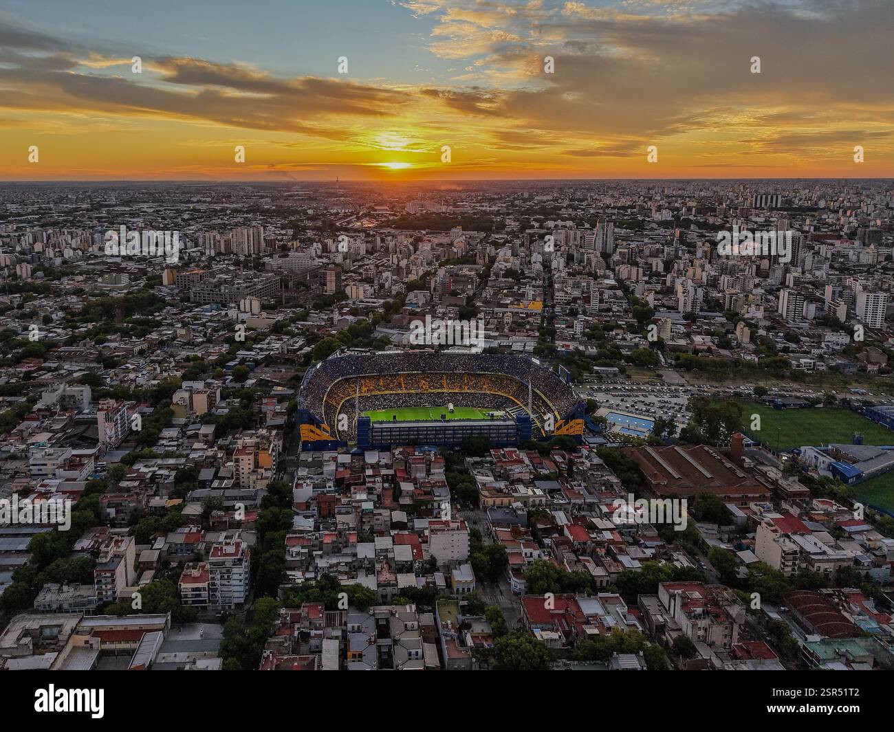 Buenos Aires, Argentina, Enero 05, 2025; Aerial photo at sunset Boca ...