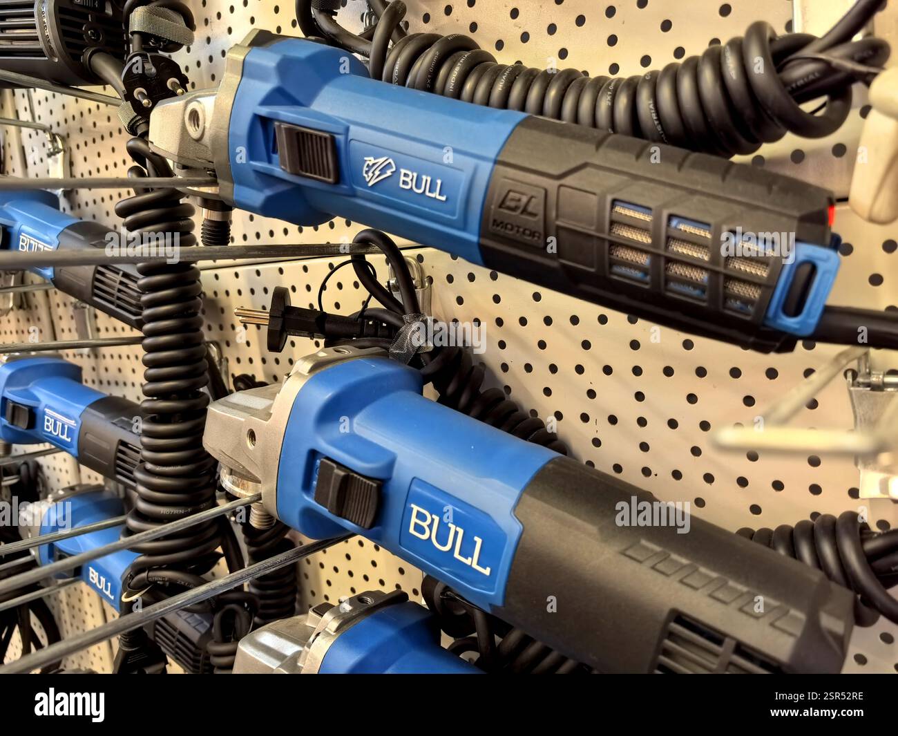 Bobruisk, Belarus - 10 February 2025: The electric grinders BULL are ...