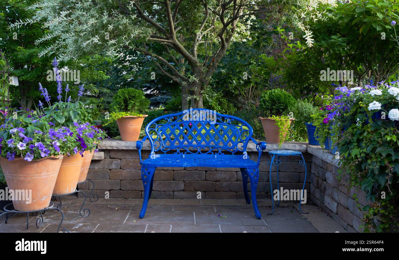 The cobalt blue garden bench stands freshly transformed, its surface ...