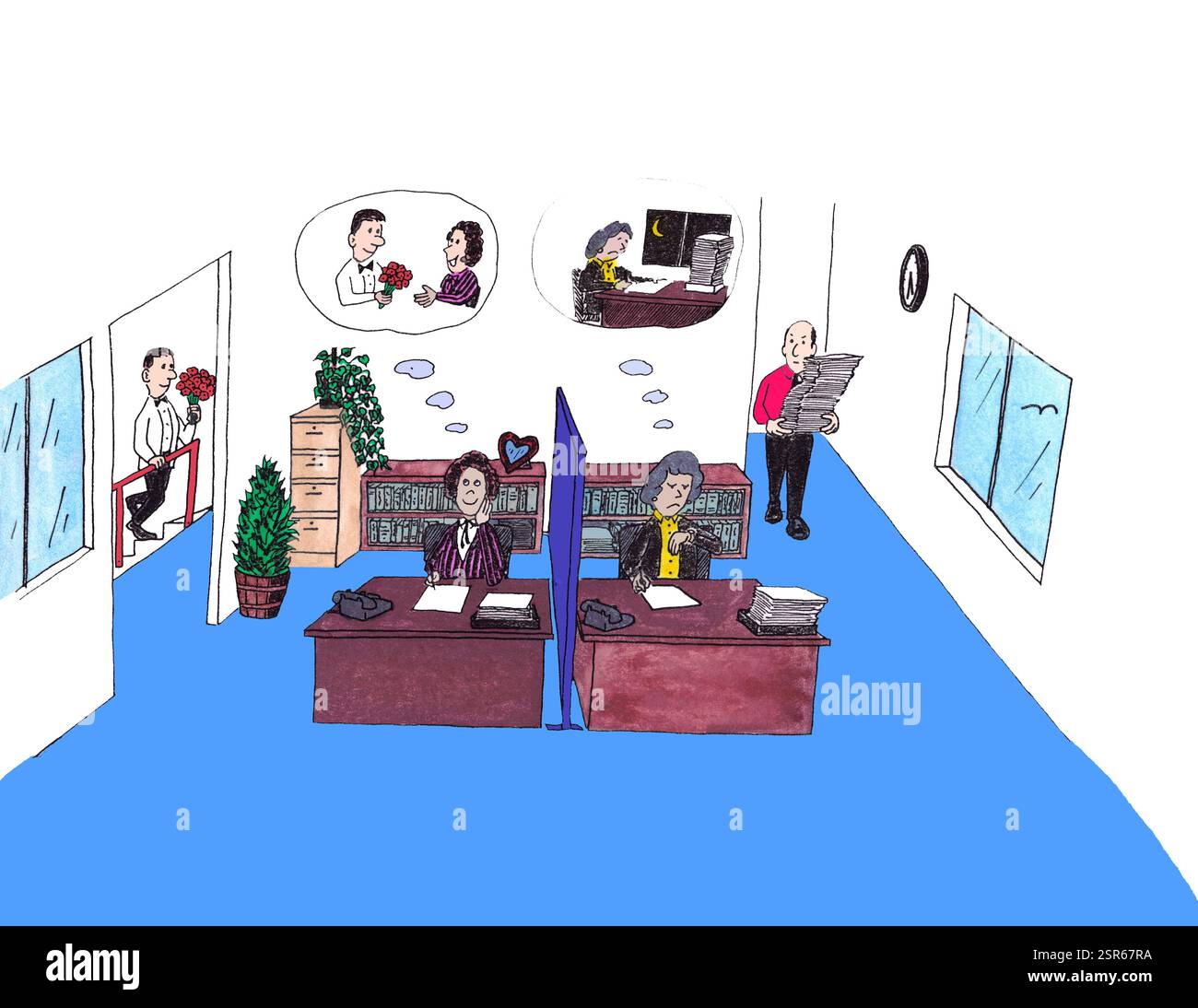 Two female office workers each sitting at desks side by side in a white ...