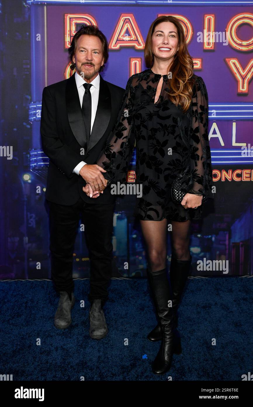 Eddie Vedder, left, and Jill Vedder attend the SNL50: The Homecoming Concert at Radio City Music ...