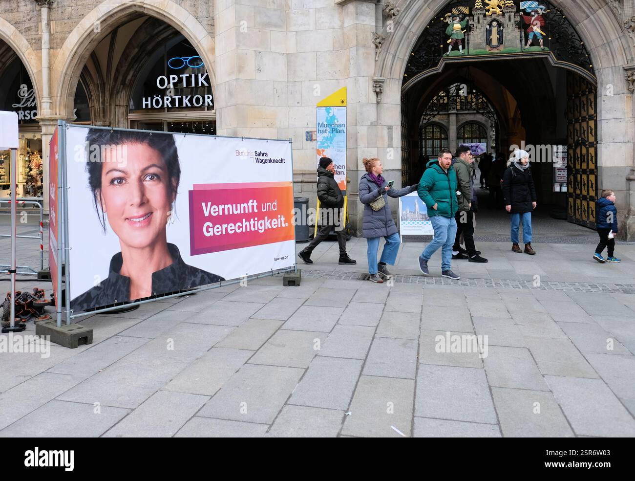 Sign for a rally by Sahra Wagenknecht at the Marienplatz in Munich ...