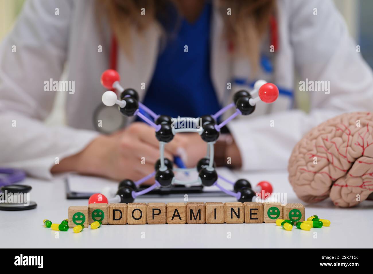 Dopamine Molecule Illustrated with Medical Context Alongside Brain ...