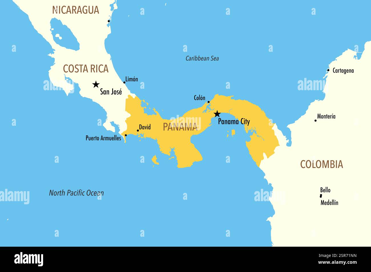 Map of Panama with Major Cities and Neighboring Countries Stock Photo ...