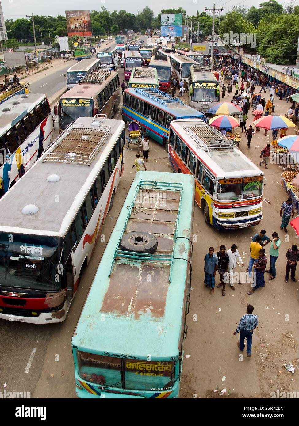 Traffic congestion in Savar, Bangladesh, as buses block the road near a ...