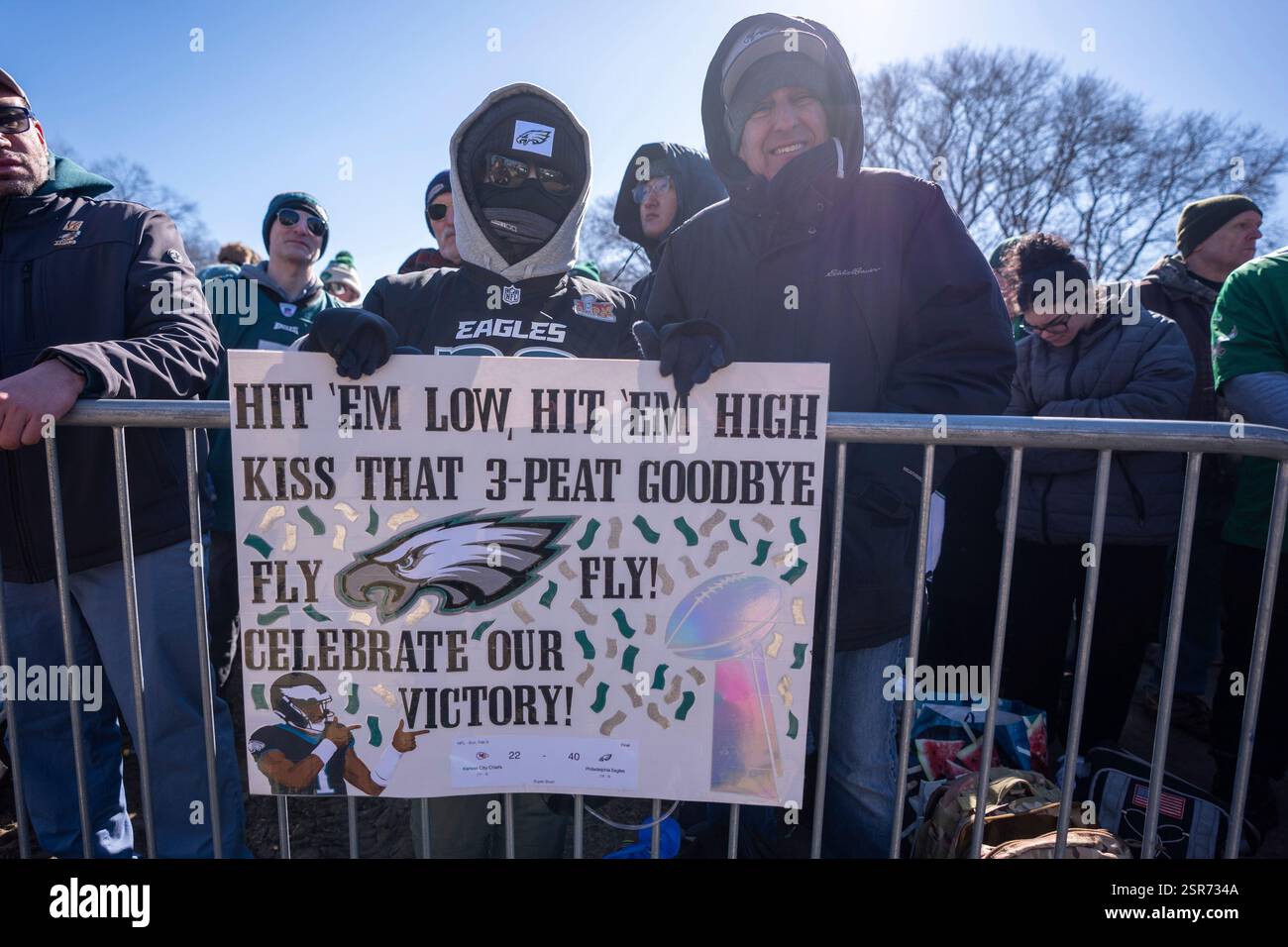 Fans with a sign along the parade route during the Philadelphia Eagles ...
