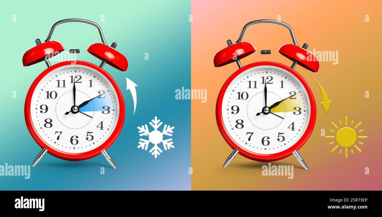 Daylight saving time. Red alarm clocks on color background, collage ...