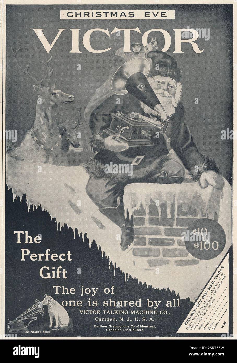 In a charming vintage advertisement, Santa Claus is depicted descending ...