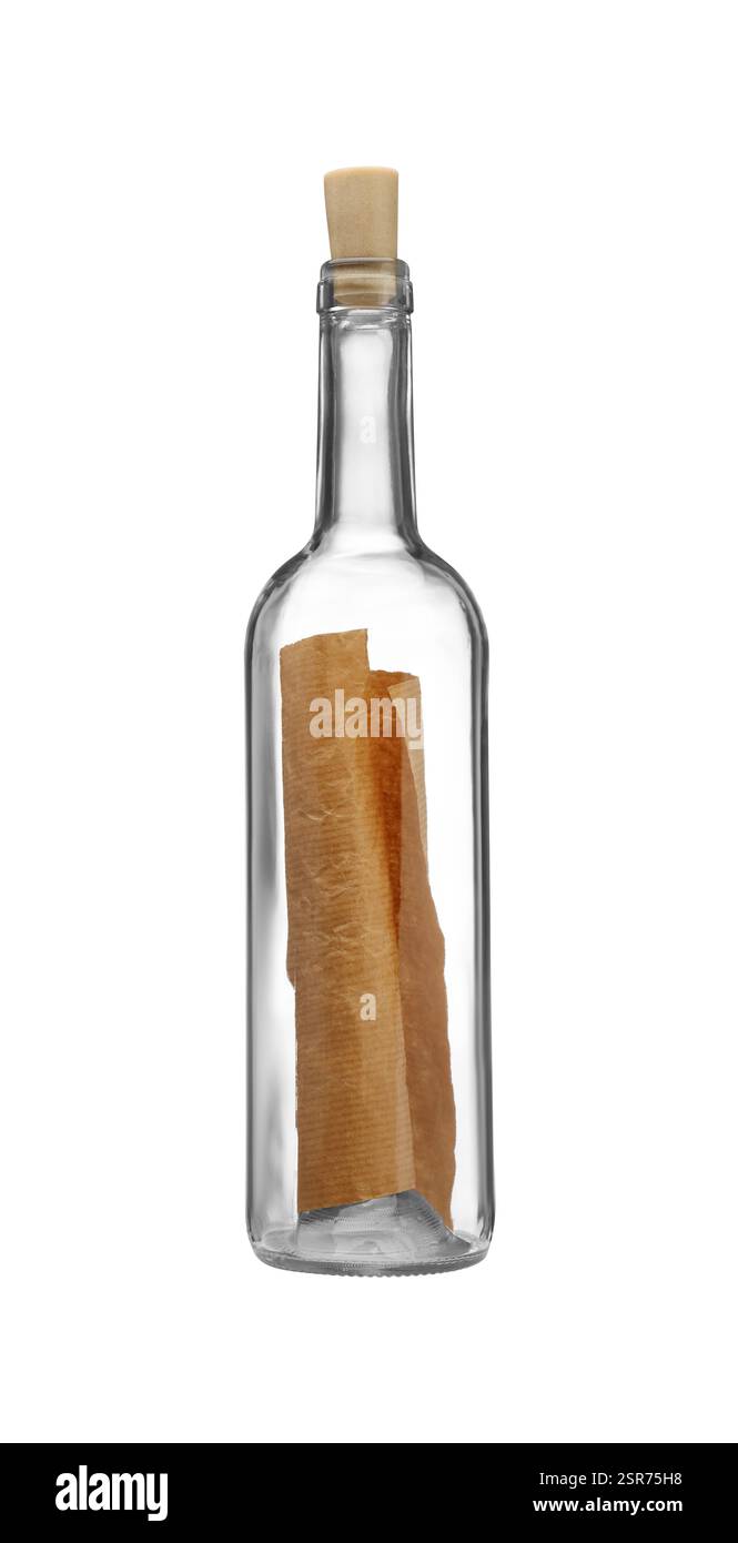 Corked glass bottle with rolled letter isolated on white Stock Photo ...