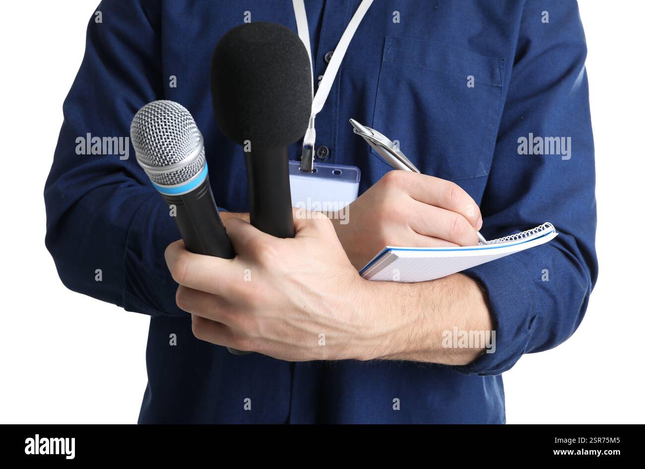 Journalist with microphones taking notes on white background, closeup ...