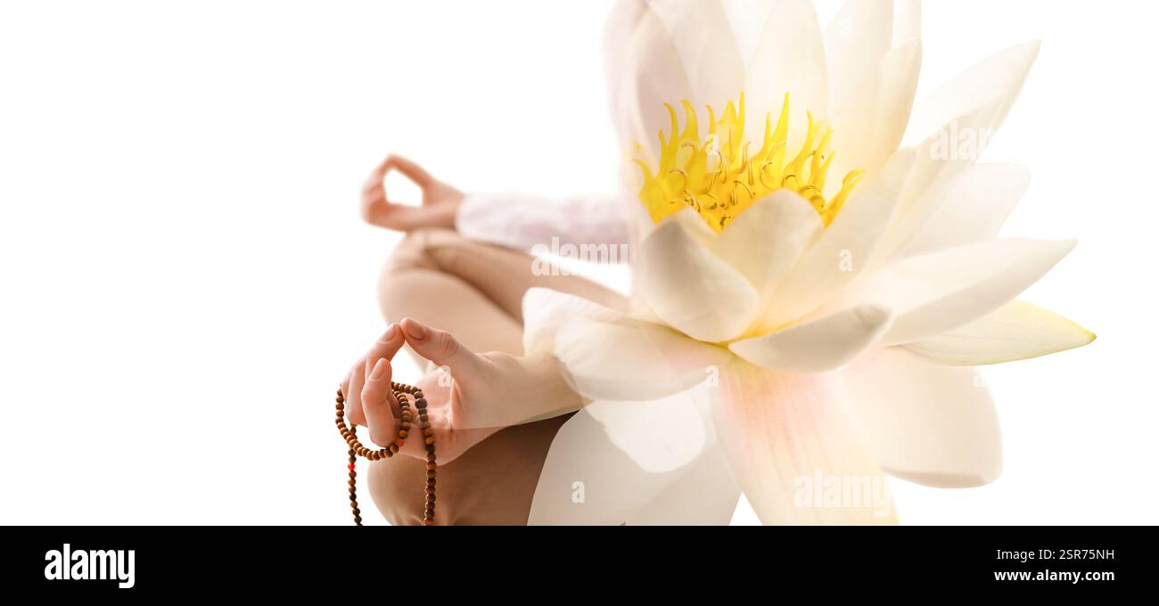 Woman meditating, double exposure with beautiful lotus flower on white ...