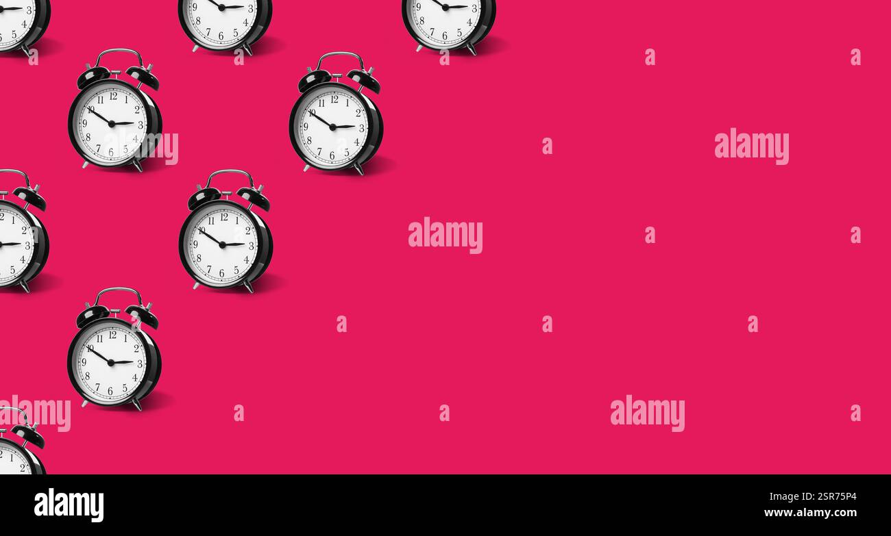 Black alarm clocks on crimson background, pattern. Banner design with ...
