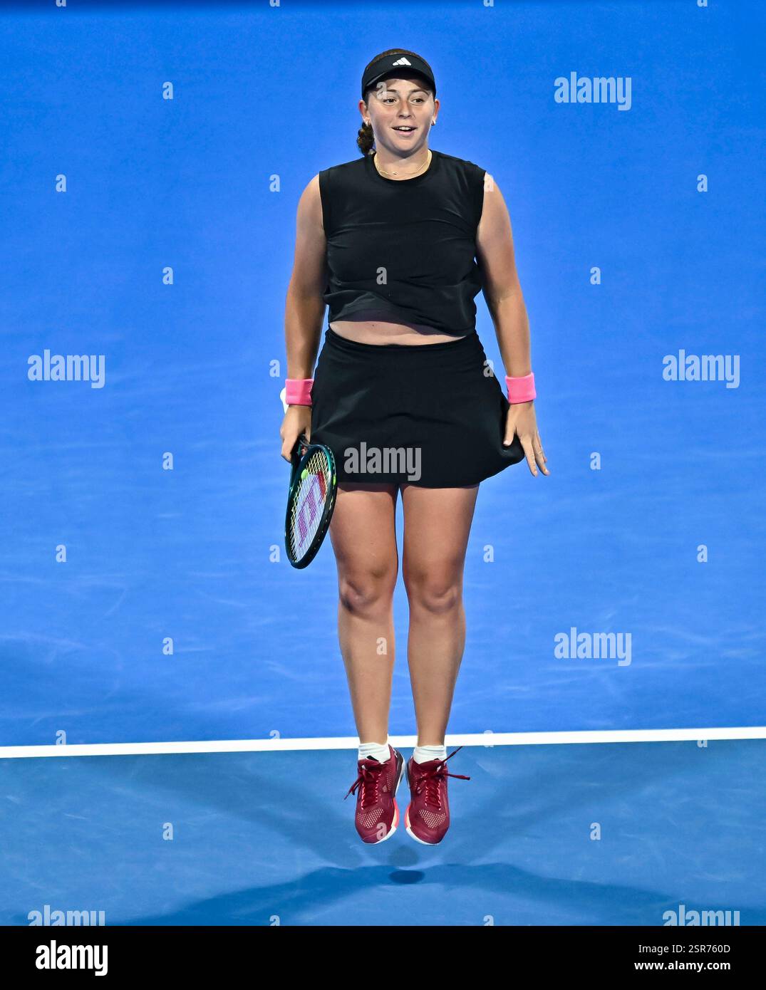 Doha, Qatar. 14th Feb, 2025. Jelena Ostapenko reacts during the women's ...