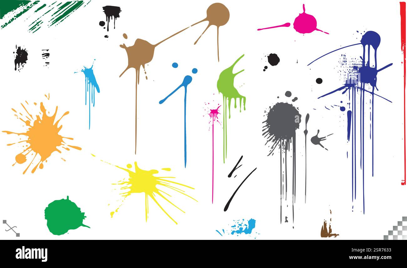 Grunge-style colorful ink splatters, drips, and splats in an abstract ...