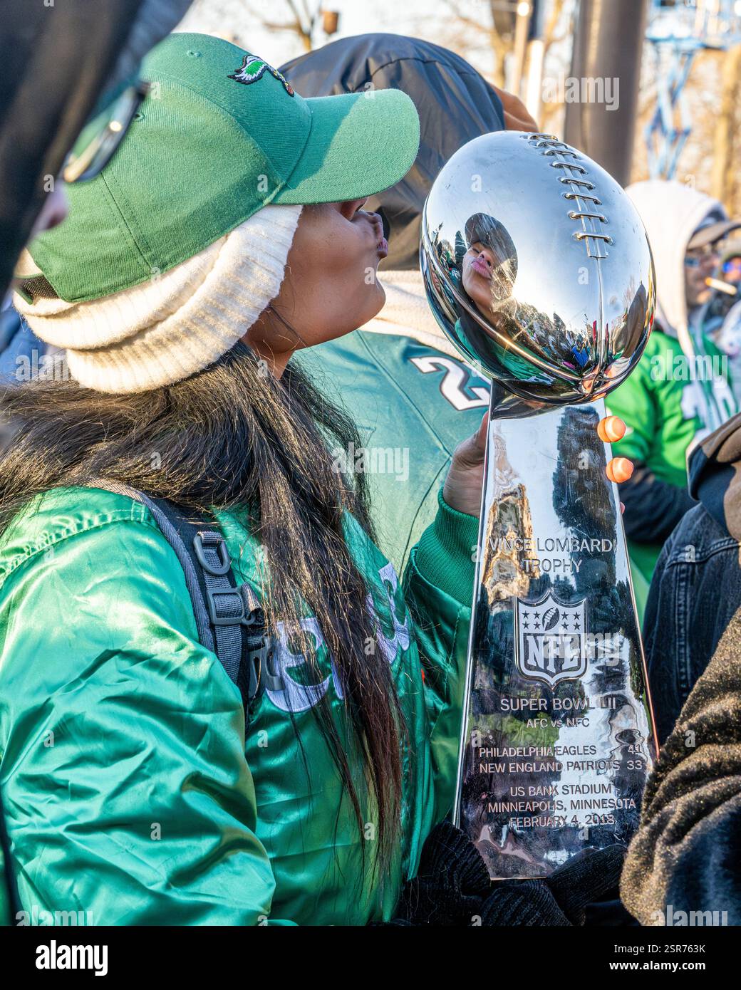 Philadelphia Eagles fans with a lifesize replica of the Vince Lombardi ...