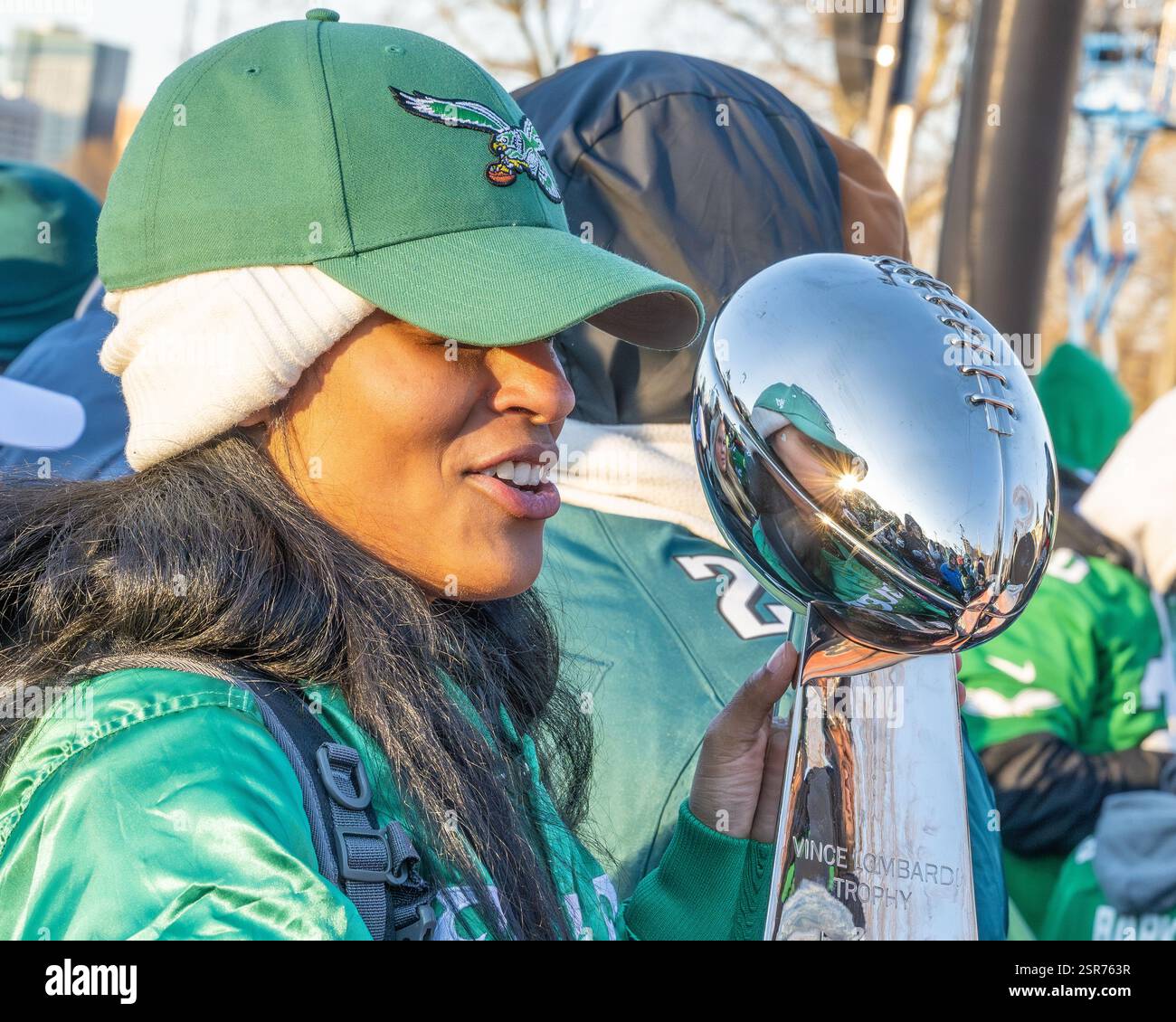 Philadelphia Eagles fans with a lifesize replica of the Vince Lombardi ...