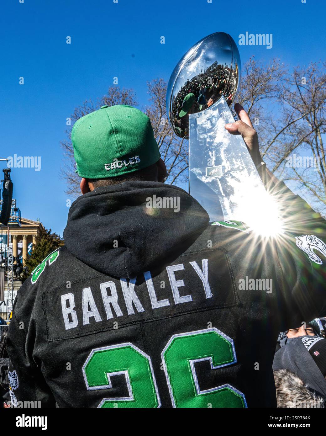 Philadelphia Eagles fans with a lifesize replica of the Vince Lombardi ...