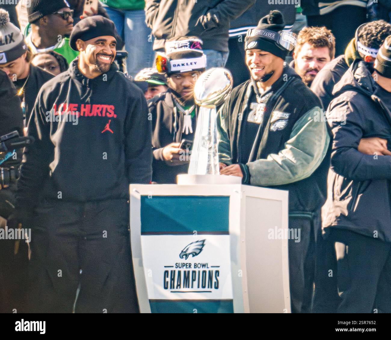 Jalen Hurts smiling with Saquan Barkley at the Philadelphia Eagles ...