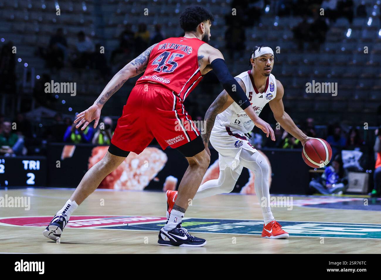 Turin, Italy. 13th Feb, 2025. (R-L) Justin Robinson #5 of Trapani Shark ...