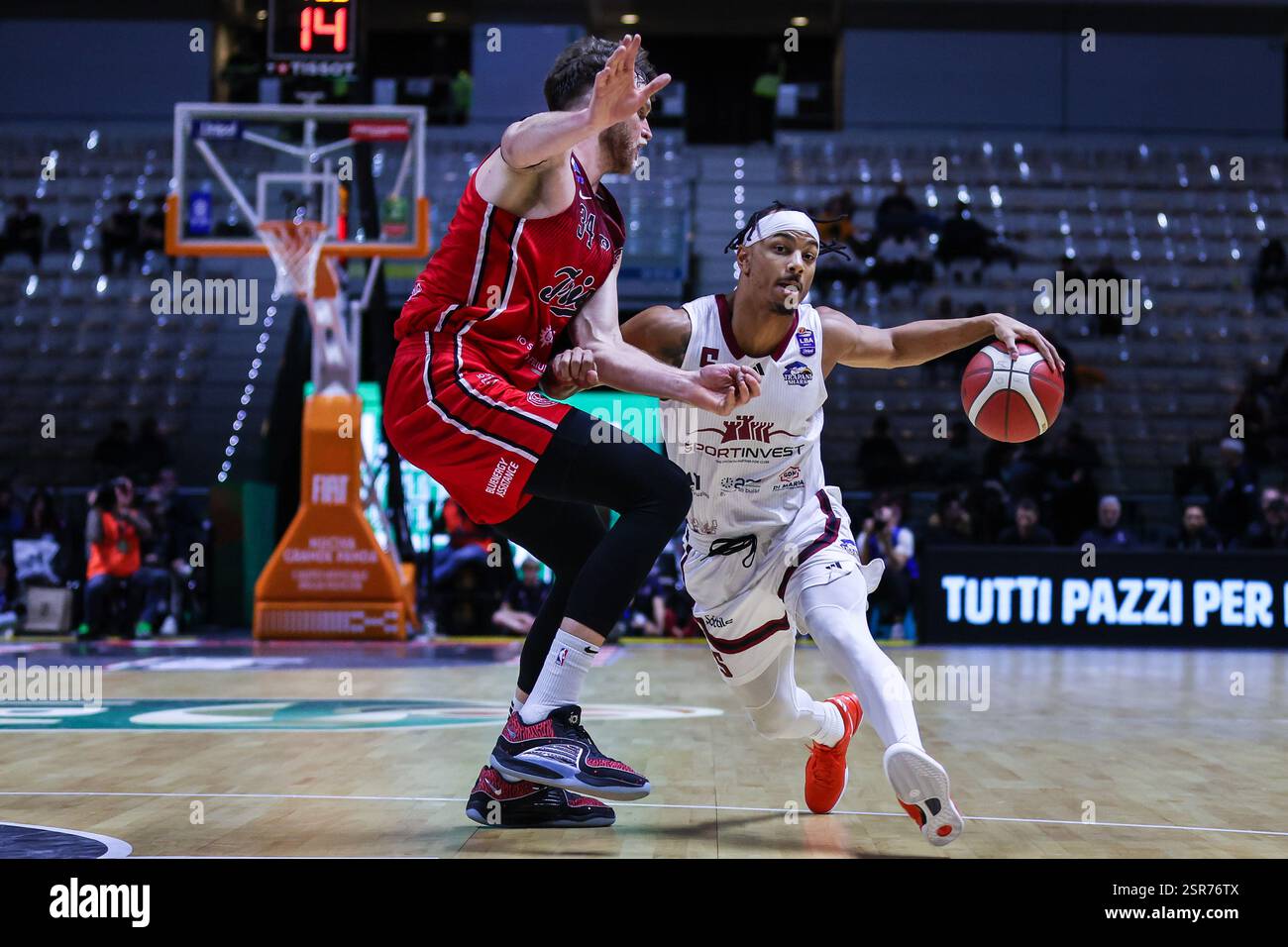 Turin, Italy. 13th Feb, 2025. (R-L) Justin Robinson #5 of Trapani Shark ...