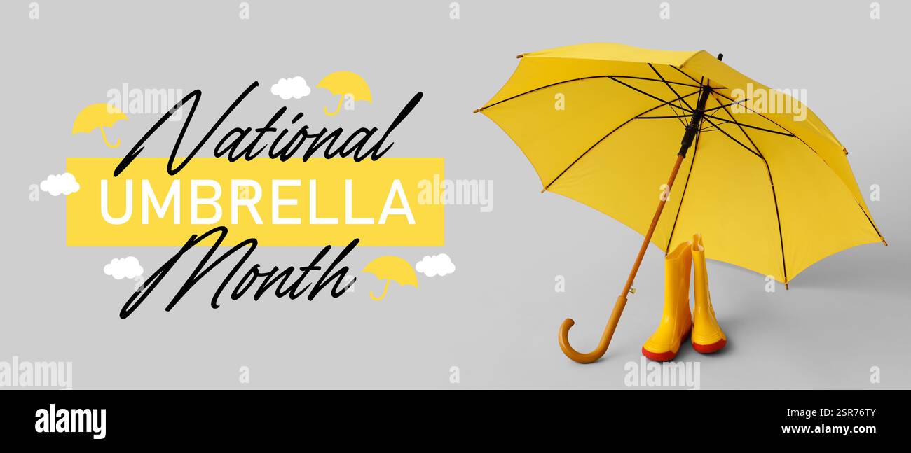 Stylish umbrella and rubber boots on light background. Banner for ...