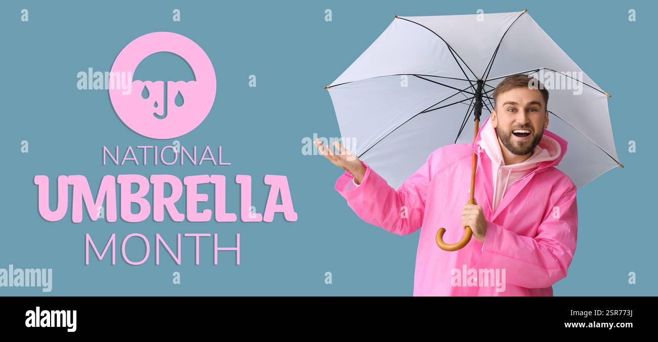Banner for National Umbrella Month with happy young man in raincoat ...