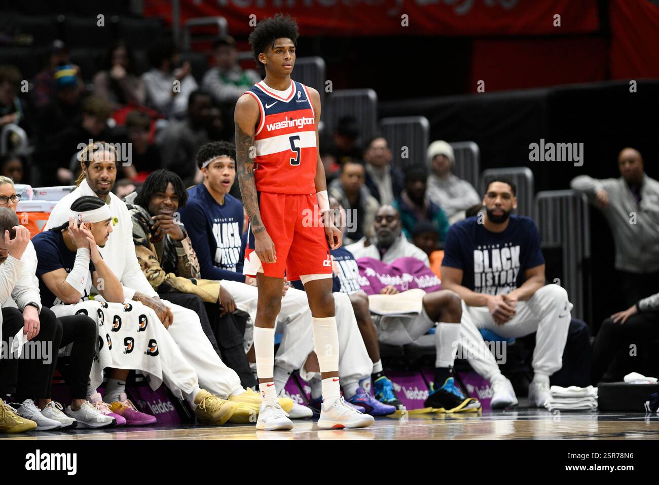 Washington Wizards guard AJ Johnson (5) looks on during the first half ...