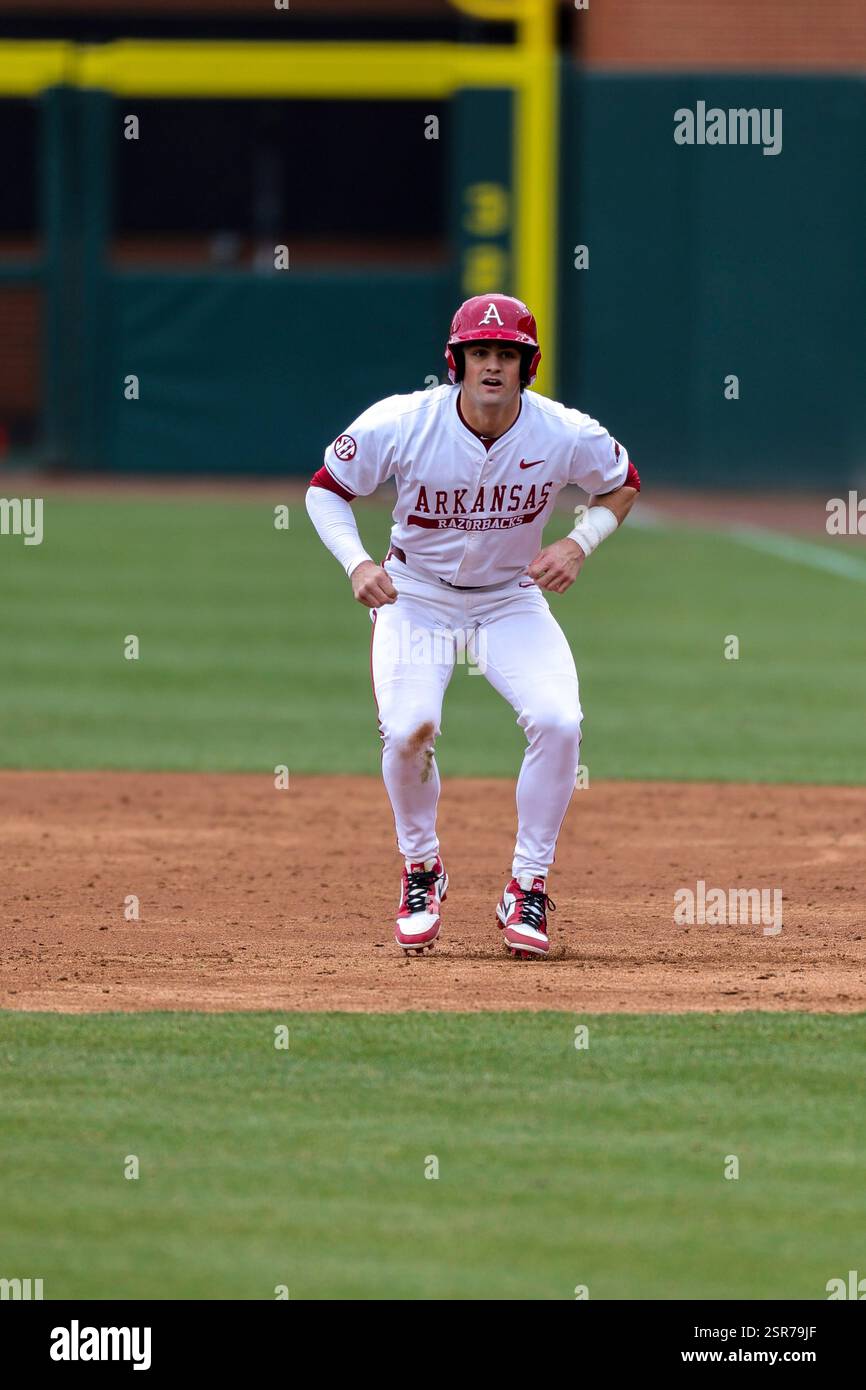 February 14, 2025: Arkansas base runner Ryder Helfrick (27) works to ...