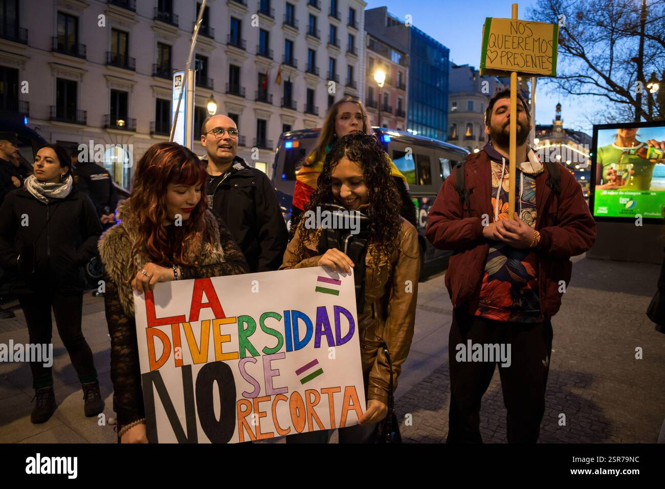 Madrid, Spain. 14th Feb, 2025. Members of the LGTBIQ community hold ...