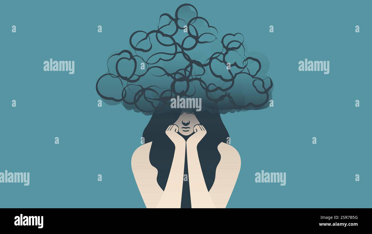 dark mentality, woman with messy dark fog - cloud on head. nerve system ...