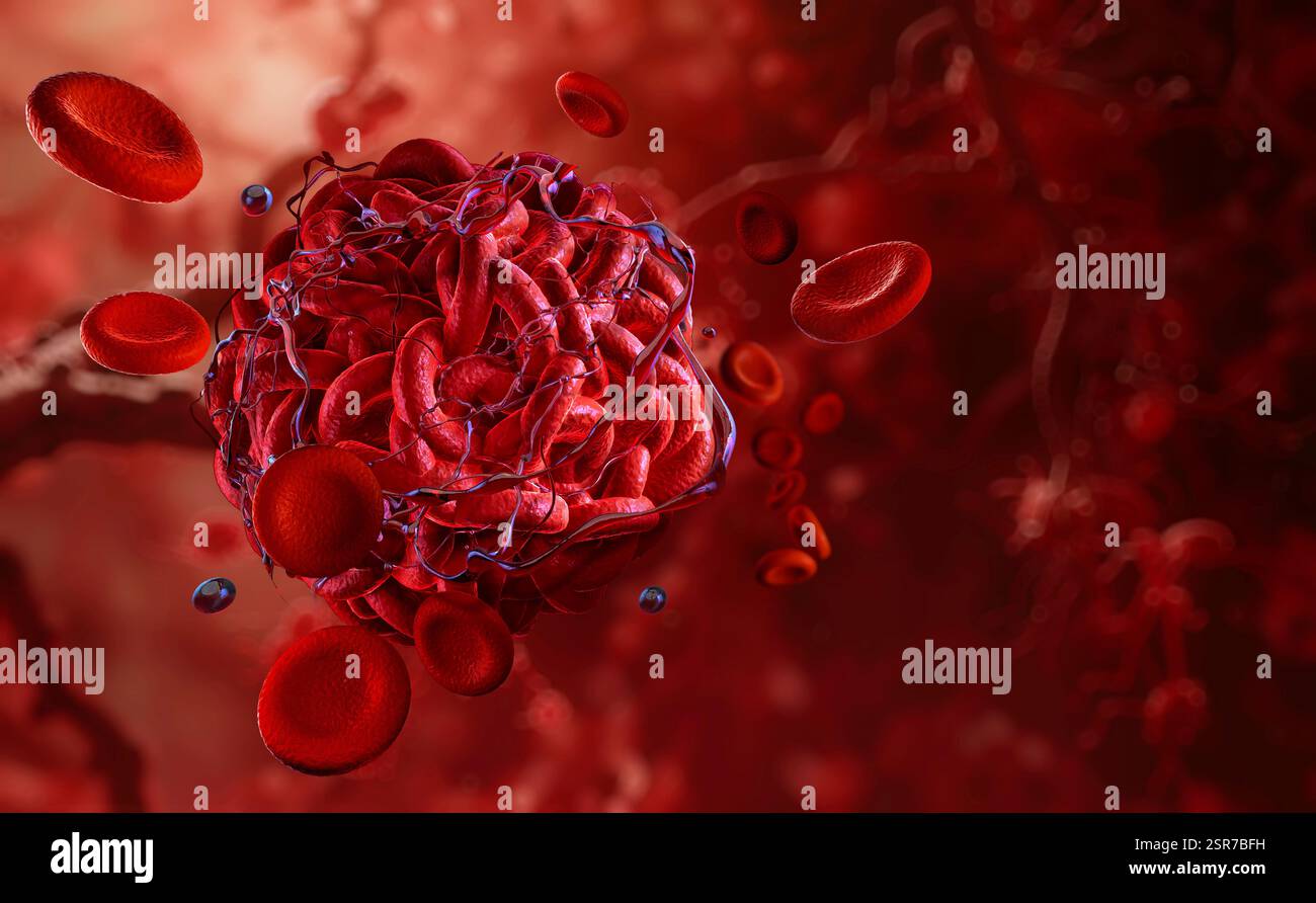 Illustration of a blood clot within an artery, showing red blood cells ...