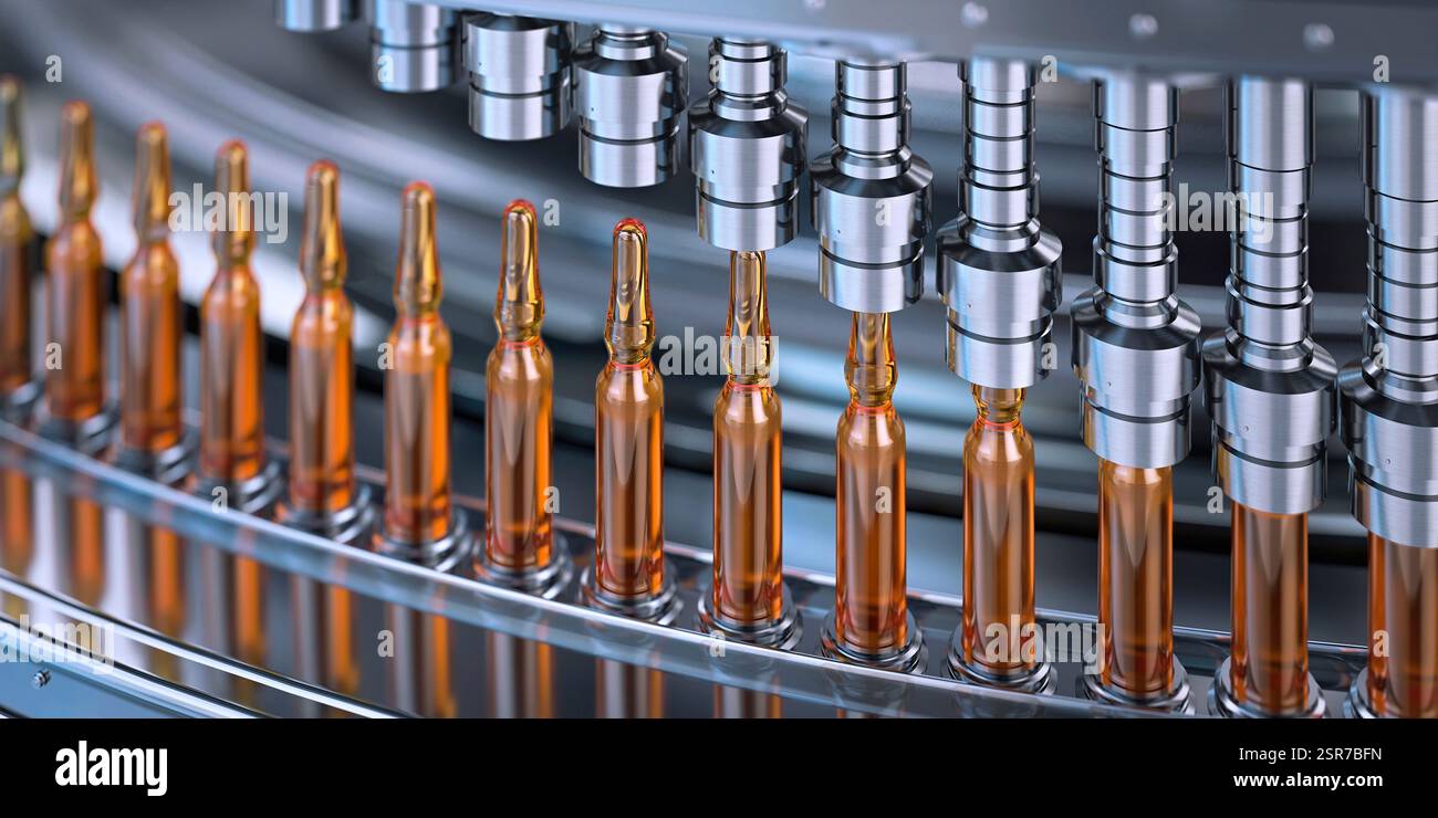 Pharmaceutical production line, illustration. An automated conveyor ...