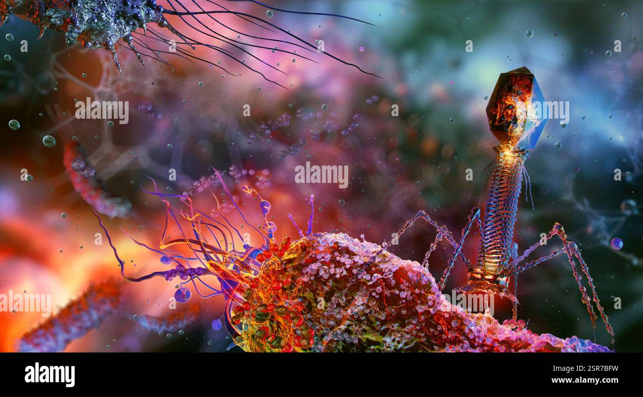 Illustration of a bacteriophage attacking a bacterium. Bacteriophages, or phages, are viruses ...