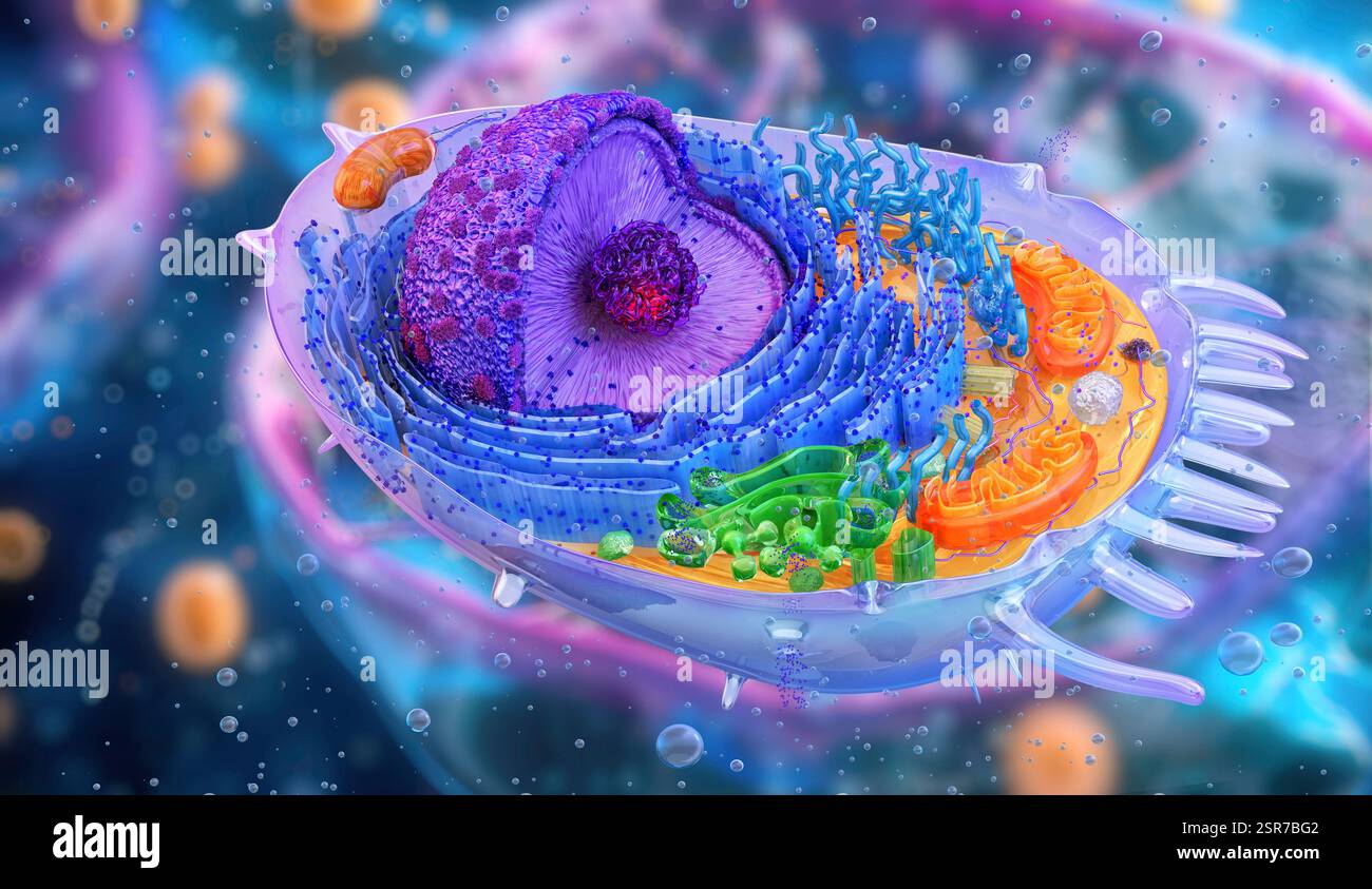 Illustration of an animal cell showing its key components: the nucleus, cytoplasm, Golgi ...