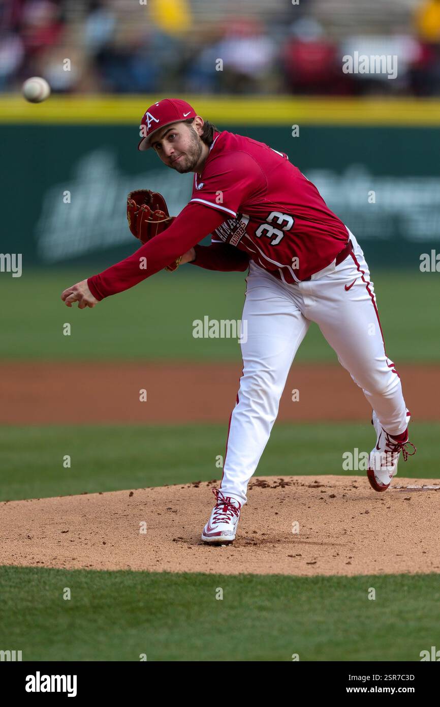 February 14, 2025: Razorback pitcher Zach Root (33) releases the ball ...