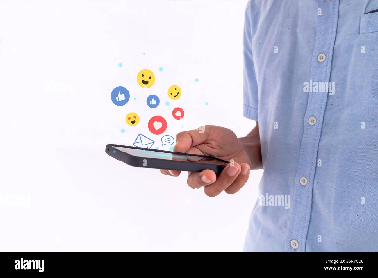 Man holding a smartphone to open social media applications. Chat with friends and send emotion ...