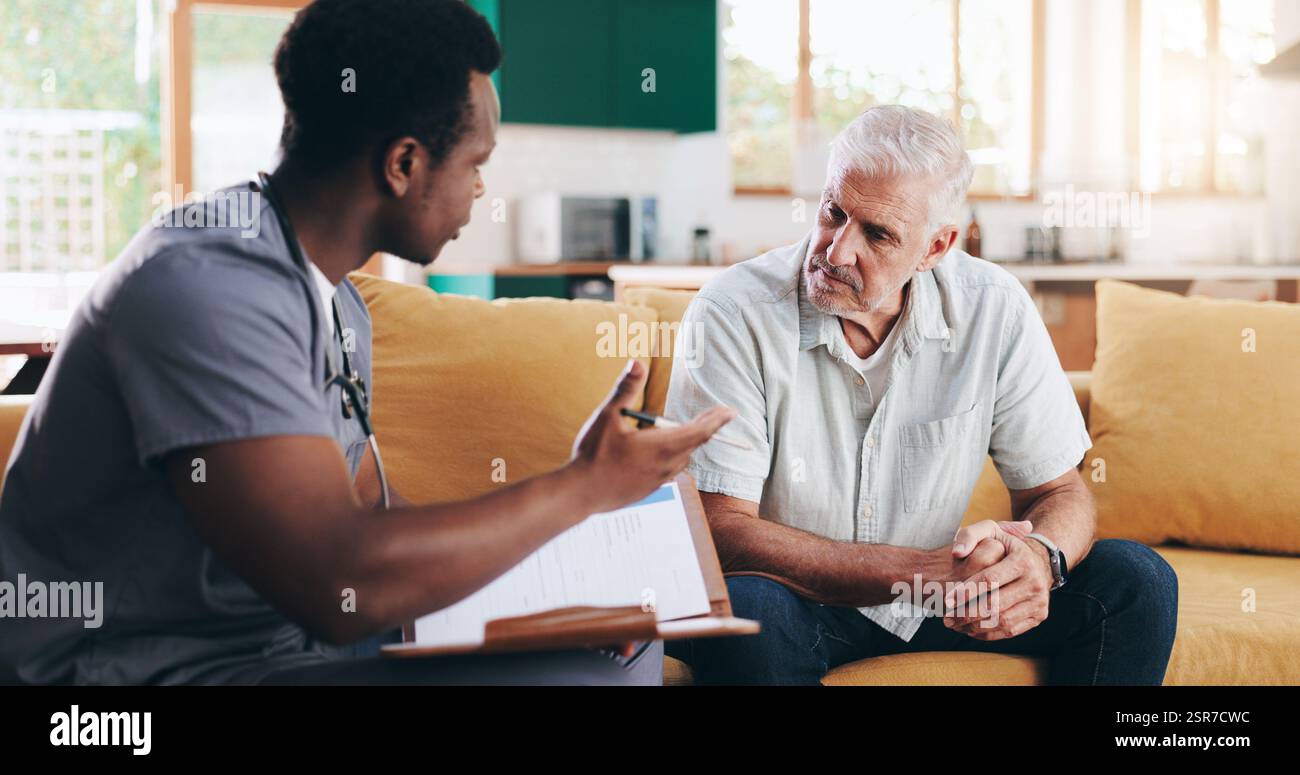 Doctor talking, old man and writing in home visit, assessment and ...