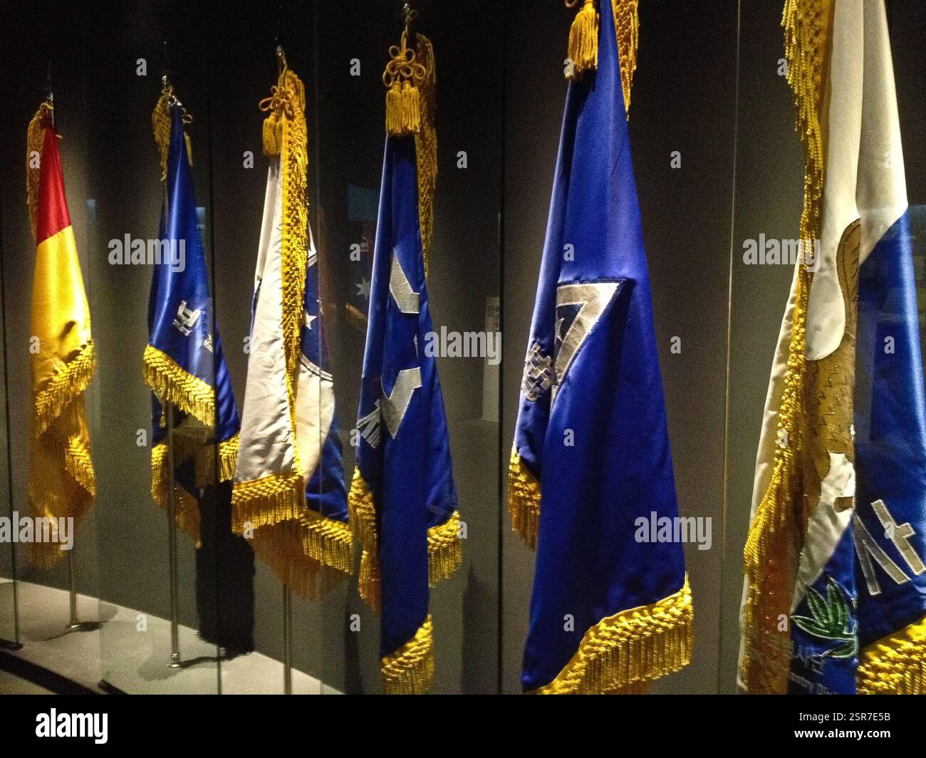 Flags displayed in a glass case. Blue flags with gold fringe and ...
