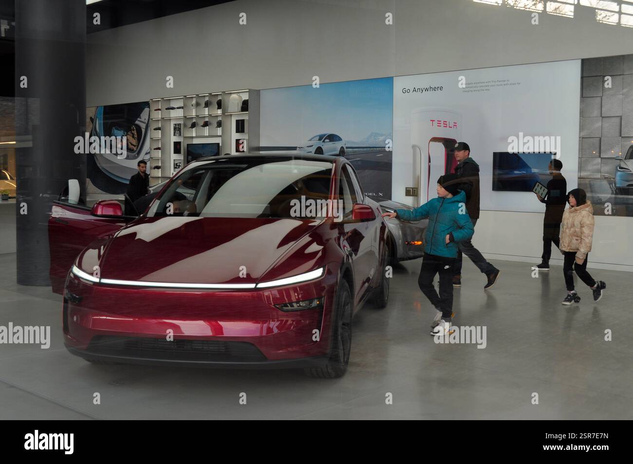 New York, United States. 13th Feb, 2025. Visitors look at Tesla ...