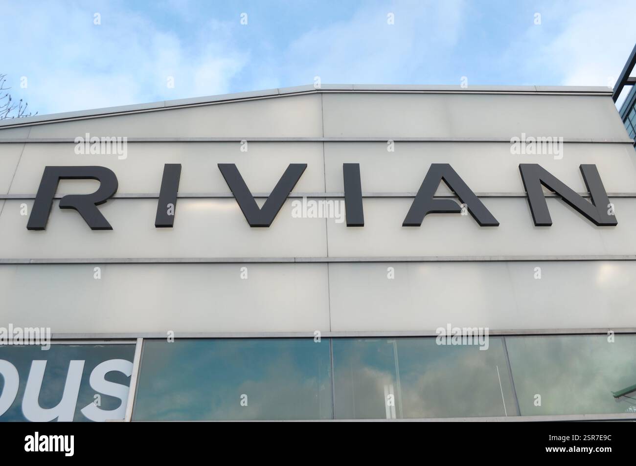 New York, United States. 13th Feb, 2025. A Rivian sign is seen at a ...