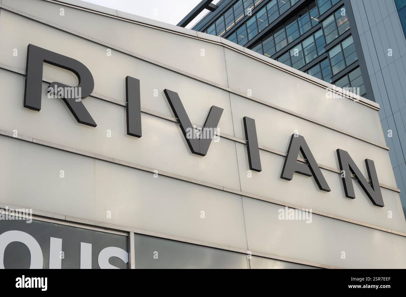 New York, United States. 13th Feb, 2025. A Rivian sign is seen at a ...