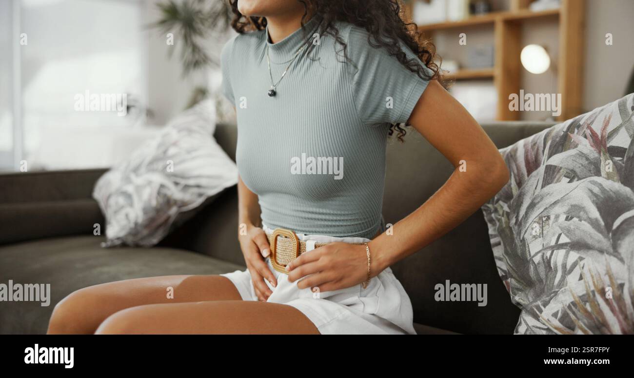 Woman, hands and stomach pain in home, period and abdomen inflammation ...