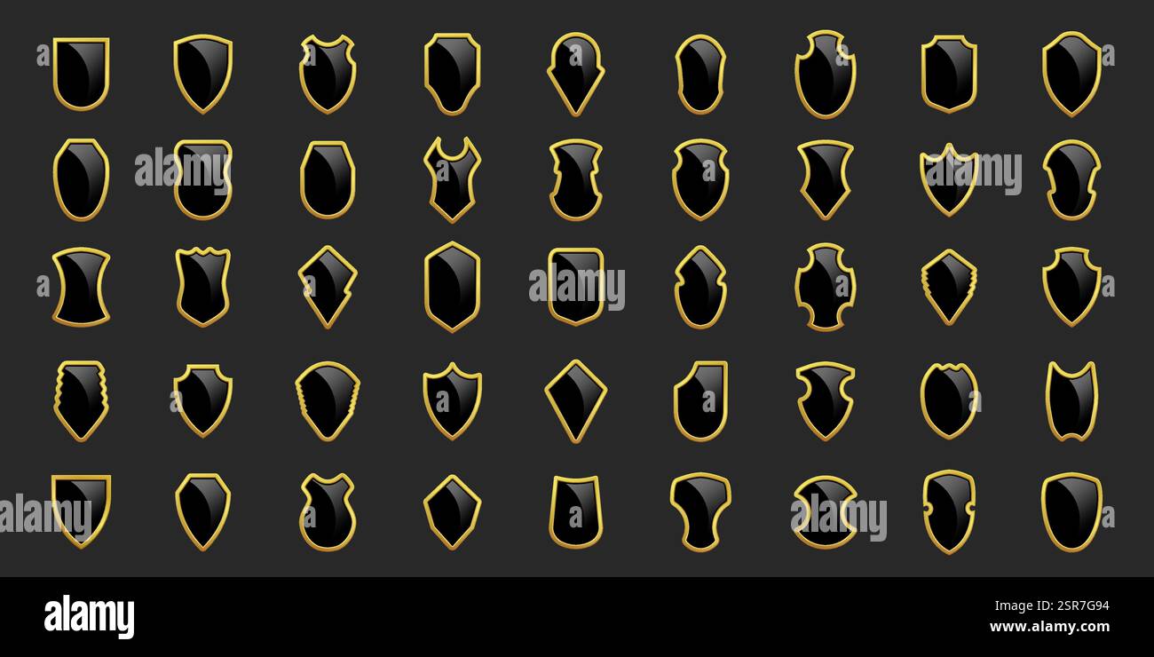 Collection of shield icons with sleek gold frames, showcasing a range ...