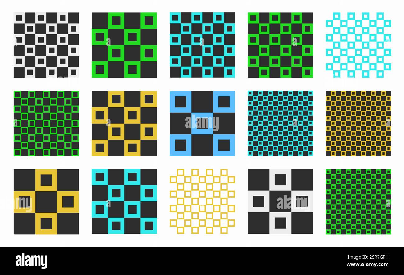 Collection of vibrant checkered patterns with colorful linear squares ...