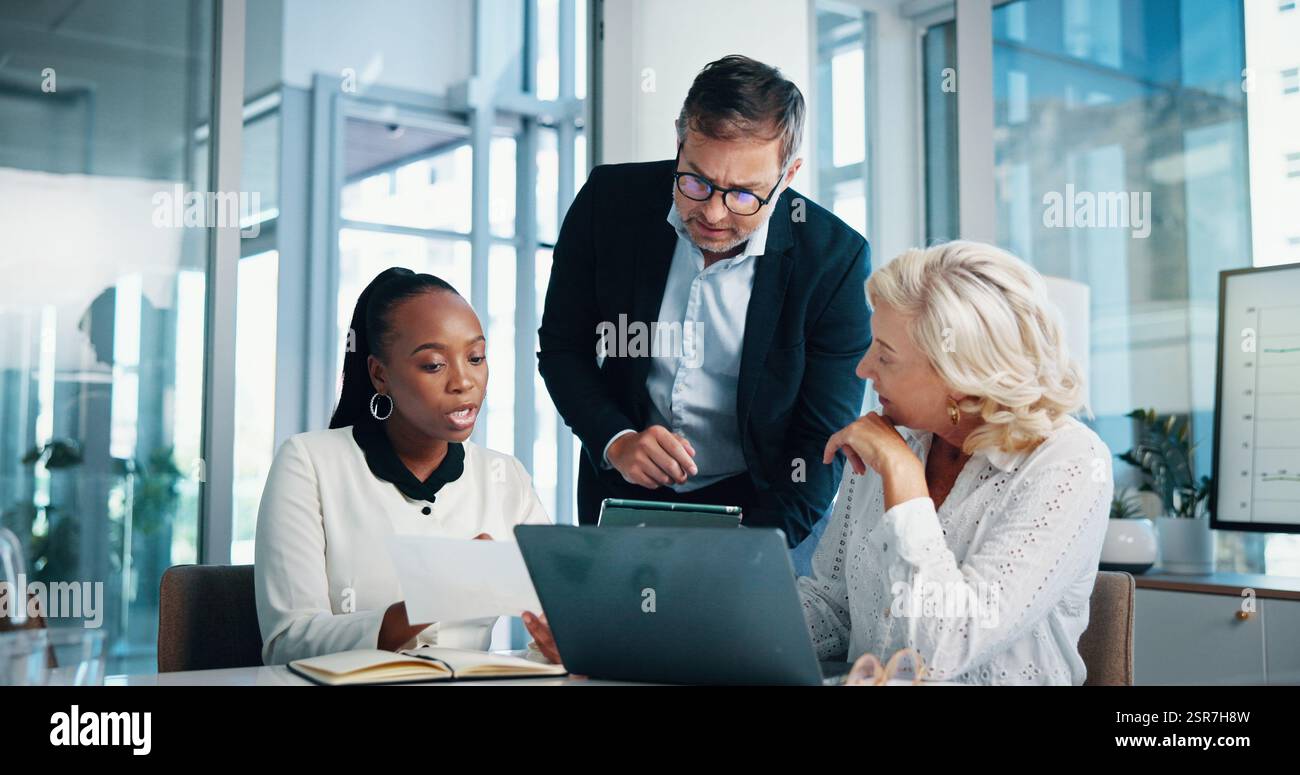 Accounting, office and business people with laptop, feedback and ...