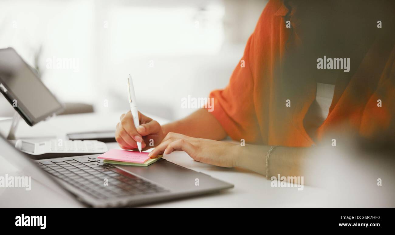 Writing, schedule and hands with info, office and secretary with notes ...