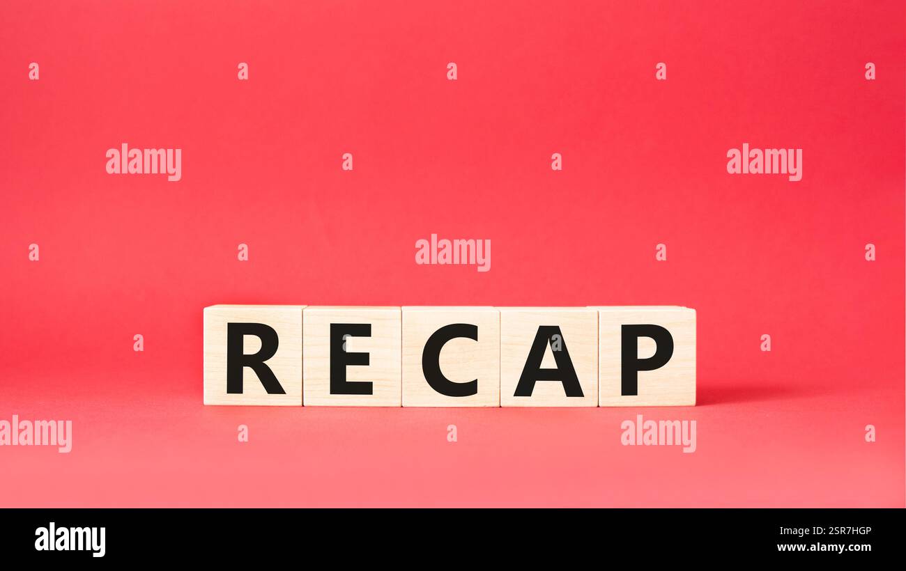Recap symbol. Wooden cubes with word Recap. Beautiful red background ...