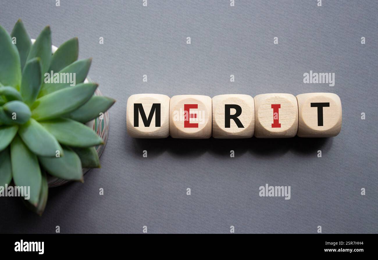 Merit symbol. Concept word Merit on wooden cubes. Beautiful grey ...