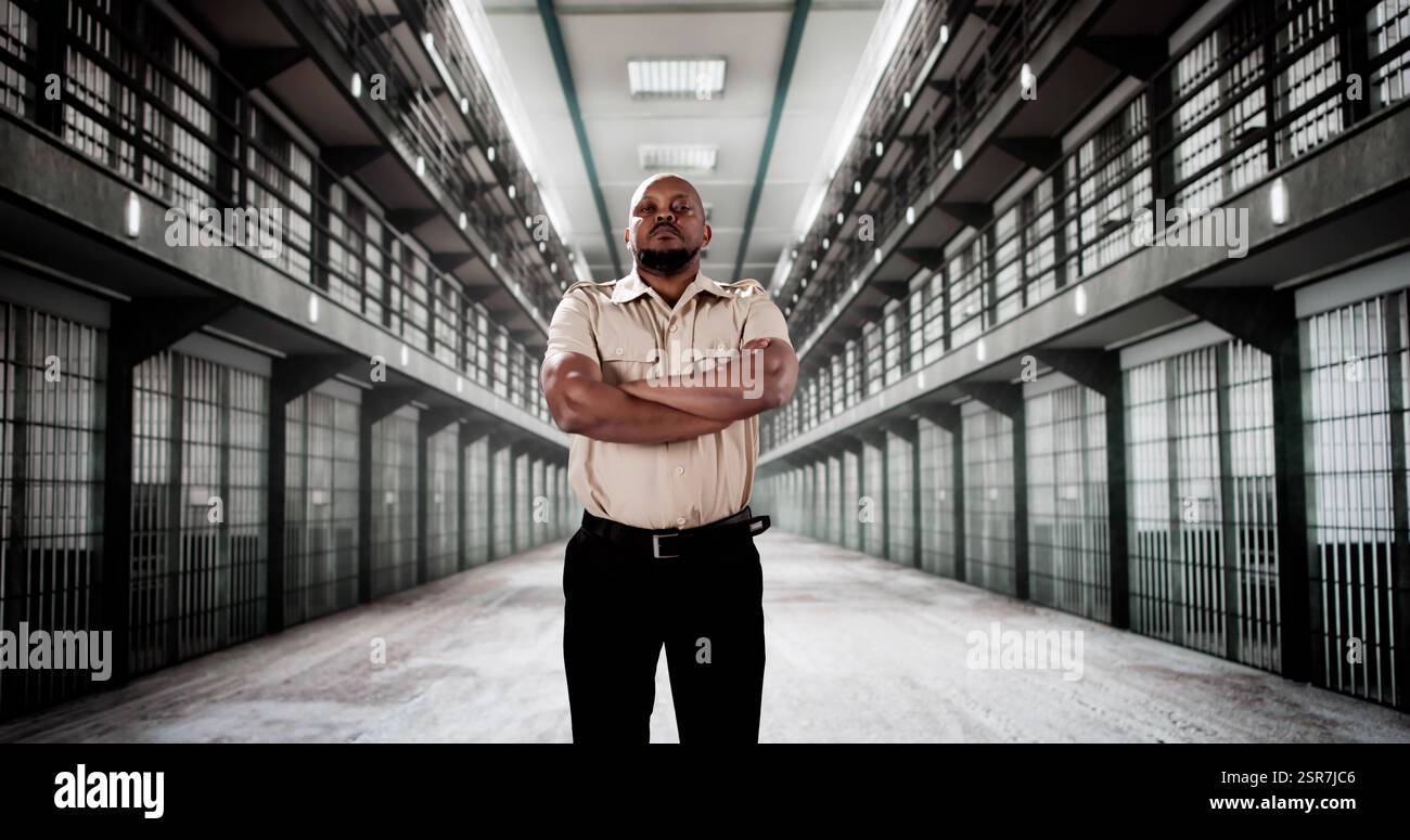 Focused and stoic African American police officer behind prison bars ...