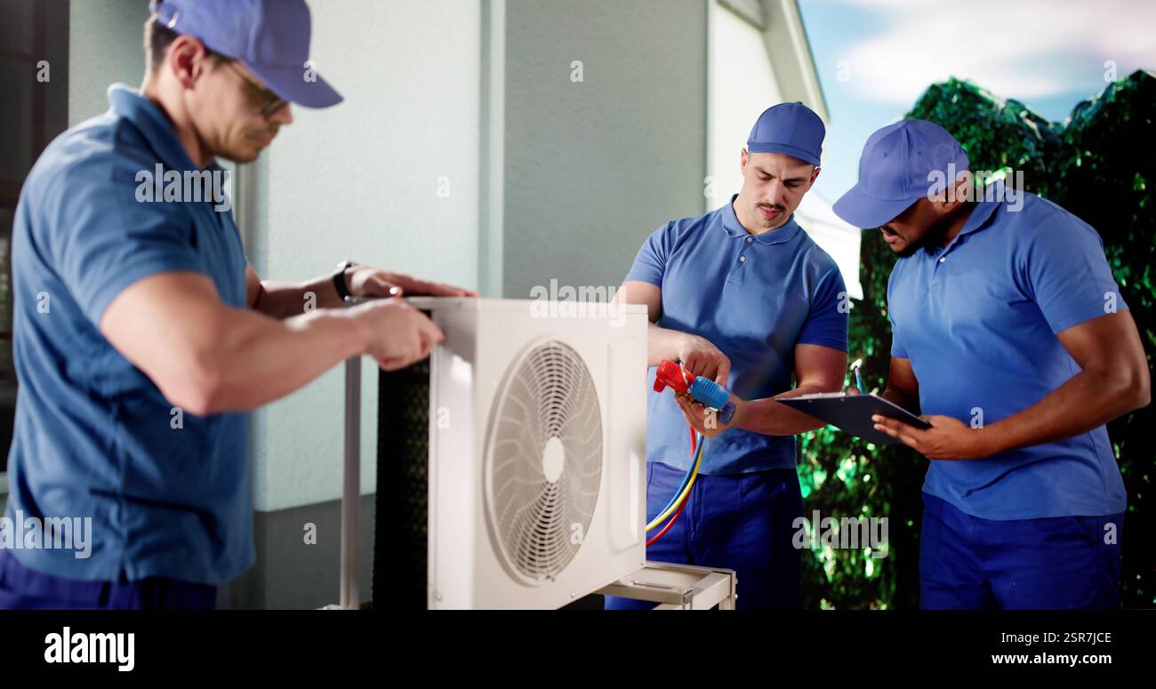 Repairing a black air conditioning unit, HVAC technician at work Stock ...